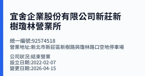 宜舍企業股份有限公司新莊新樹瓊林營業所的照片-統編 92574518(新北市) 公司登記資料與營業項目詳細圖表