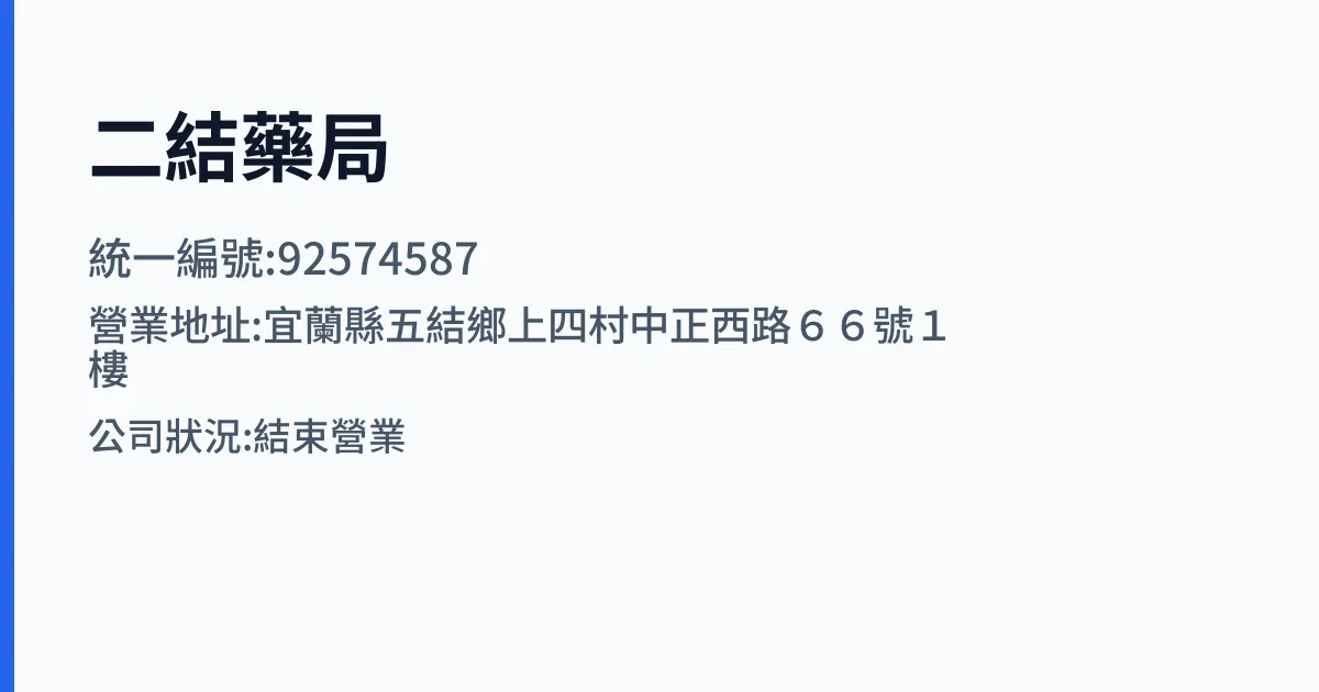 二結藥局 - 統編 92574587(宜蘭縣) 公司登記資料與營業項目詳細圖表
