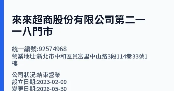 來來超商股份有限公司第二一一八門市的照片-統編 92574968(新北市) 公司登記資料與營業項目詳細圖表