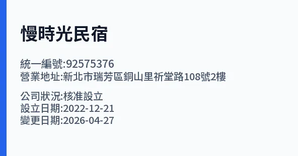 慢時光民宿的照片-統編 92575376(新北市) 公司登記資料與營業項目詳細圖表