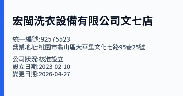 宏閩洗衣設備有限公司文七店的照片-統編 92575523(桃園市) 公司登記資料與營業項目詳細圖表