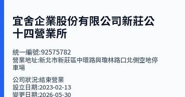 宜舍企業股份有限公司新莊公十四營業所的照片-統編 92575782(新北市) 公司登記資料與營業項目詳細圖表