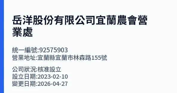 岳洋股份有限公司宜蘭農會營業處的照片-統編 92575903(宜蘭縣) 公司登記資料與營業項目詳細圖表
