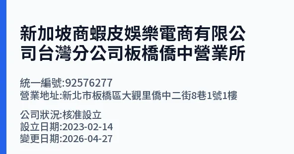 新加坡商蝦皮娛樂電商有限公司台灣分公司板橋僑中營業所的照片-統編 92576277(新北市) 公司登記資料與營業項目詳細圖表