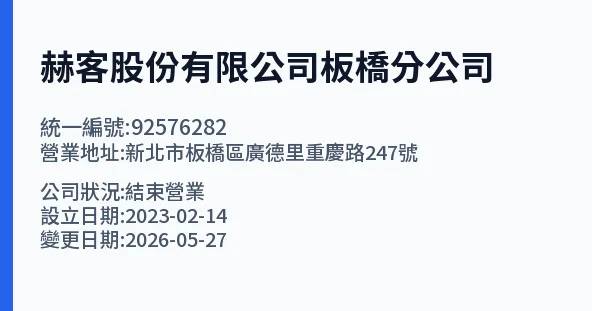赫客股份有限公司板橋分公司的照片-統編 92576282(新北市) 公司登記資料與營業項目詳細圖表
