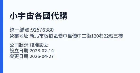 小宇宙各國代購的照片-統編 92576380(新北市) 公司登記資料與營業項目詳細圖表