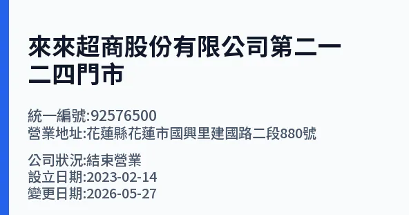 來來超商股份有限公司第二一二四門市的照片-統編 92576500(花蓮縣) 公司登記資料與營業項目詳細圖表