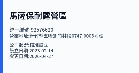 馬薩保耐露營區的照片-統編 92576620(新竹縣) 公司登記資料與營業項目詳細圖表