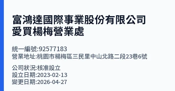 富鴻達國際事業股份有限公司愛買楊梅營業處的照片-統編 92577183(桃園市) 公司登記資料與營業項目詳細圖表