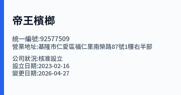 帝王檳榔的照片-統編 92577509(基隆市) 公司登記資料與營業項目詳細圖表