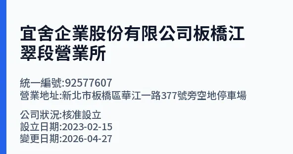 宜舍企業股份有限公司板橋江翠段營業所的照片-統編 92577607(新北市) 公司登記資料與營業項目詳細圖表