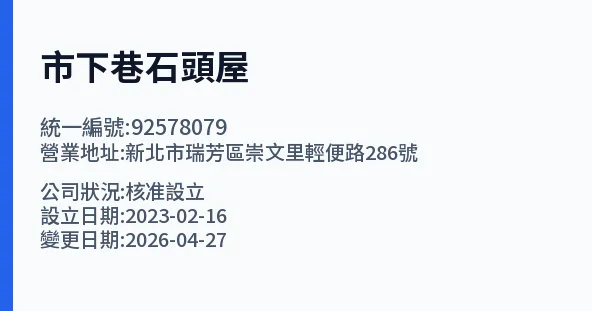 市下巷石頭屋的照片-統編 92578079(新北市) 公司登記資料與營業項目詳細圖表