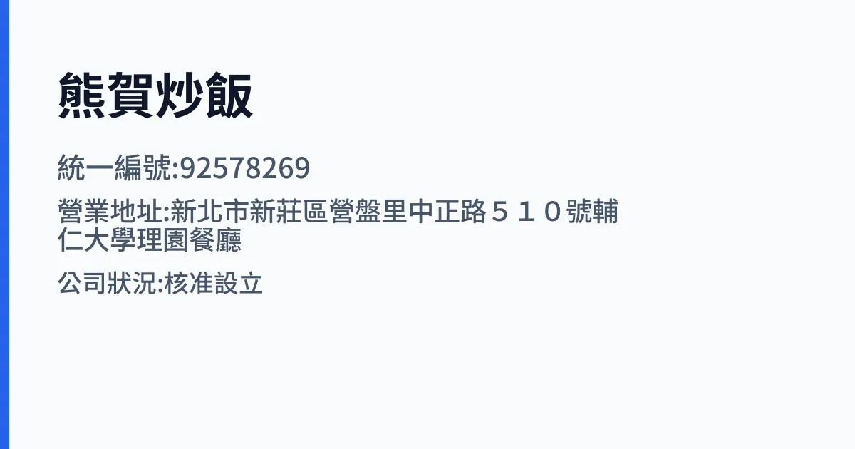 熊賀炒飯 - 統編 92578269(新北市) 公司登記資料與營業項目詳細圖表