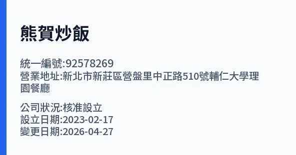 熊賀炒飯的照片-統編 92578269(新北市) 公司登記資料與營業項目詳細圖表