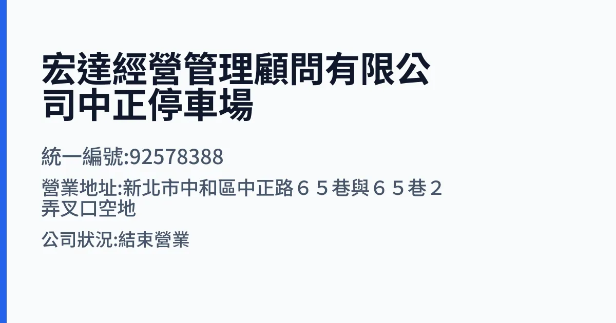 宏達經營管理顧問有限公司中正停車場 - 統編 92578388(新北市) 公司登記資料與營業項目詳細圖表