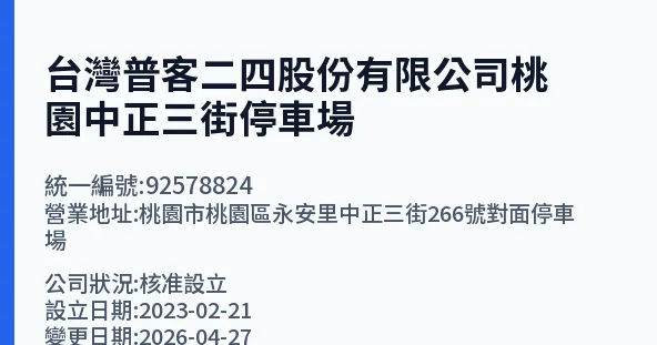 台灣普客二四股份有限公司桃園中正三街停車場的照片-統編 92578824(桃園市) 公司登記資料與營業項目詳細圖表