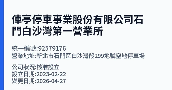 俥亭停車事業股份有限公司石門白沙灣第一營業所的照片-統編 92579176(新北市) 公司登記資料與營業項目詳細圖表