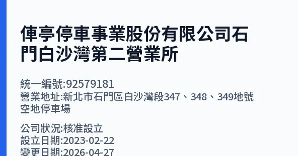俥亭停車事業股份有限公司石門白沙灣第二營業所的照片-統編 92579181(新北市) 公司登記資料與營業項目詳細圖表
