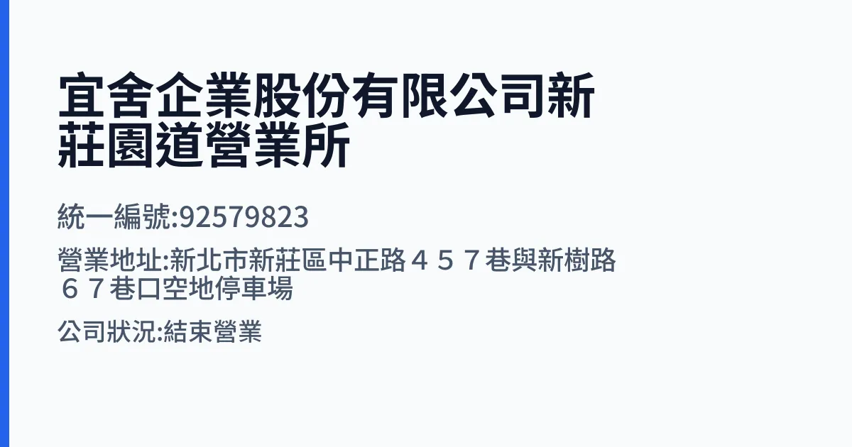宜舍企業股份有限公司新莊園道營業所 - 統編 92579823(新北市) 公司登記資料與營業項目詳細圖表