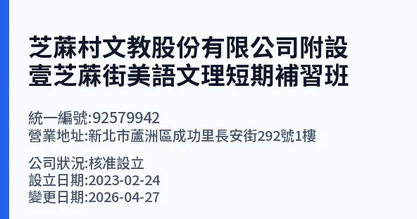 芝蔴村文教股份有限公司附設壹芝蔴街美語文理短期補習班的照片-統編 92579942(新北市) 公司登記資料與營業項目詳細圖表