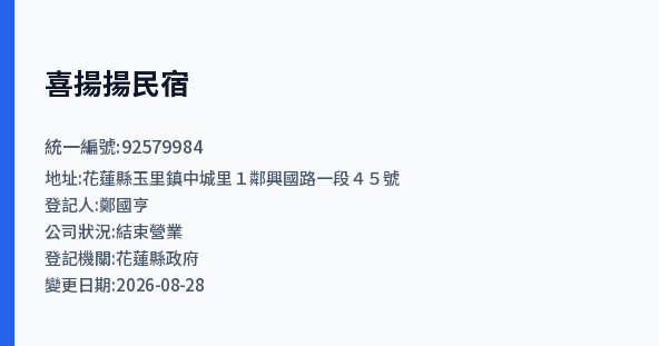 喜揚揚民宿的照片-統編 92579984(花蓮縣) 公司登記資料與營業項目詳細圖表