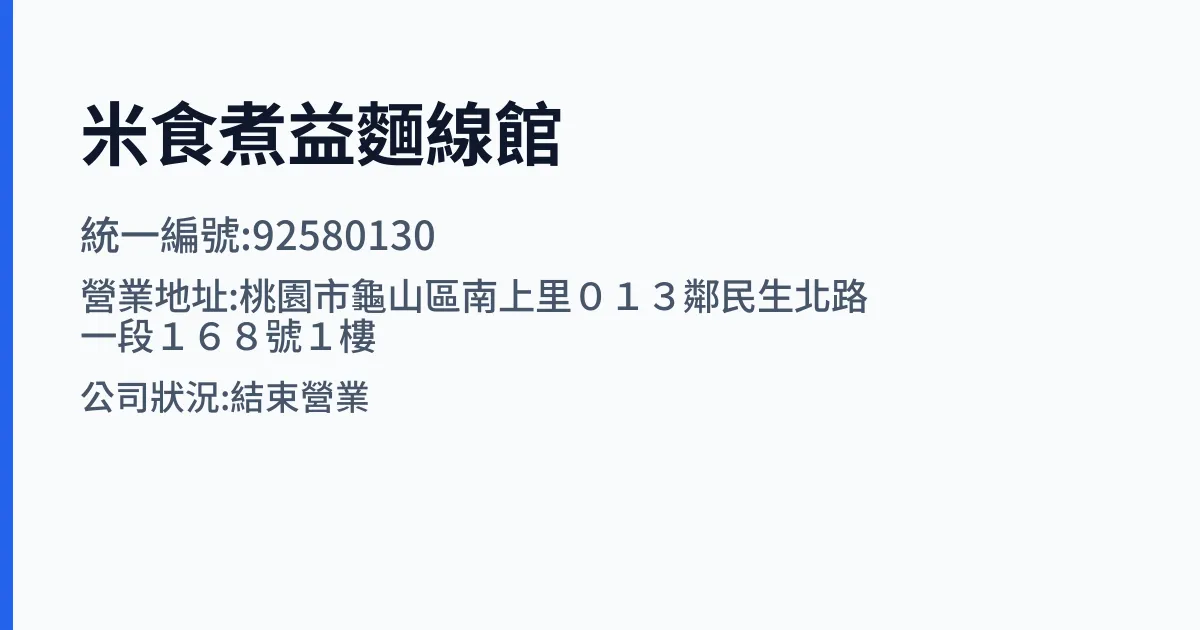 米食煮益麵線館 - 統編 92580130(桃園市) 公司登記資料與營業項目詳細圖表