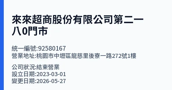 來來超商股份有限公司第二一八0門市的照片-統編 92580167(桃園市) 公司登記資料與營業項目詳細圖表