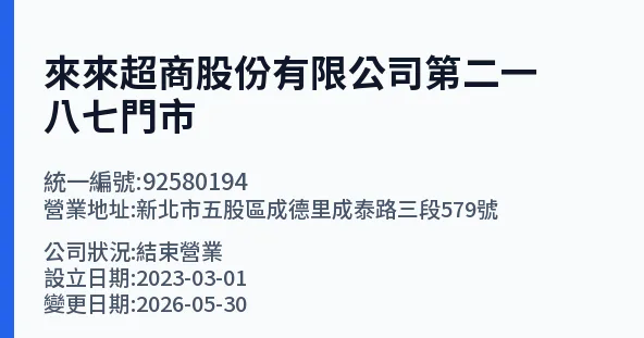 來來超商股份有限公司第二一八七門市的照片-統編 92580194(新北市) 公司登記資料與營業項目詳細圖表