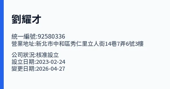 劉耀才的照片-統編 92580336(新北市) 公司登記資料與營業項目詳細圖表