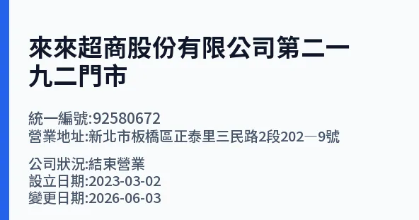 來來超商股份有限公司第二一九二門市的照片-統編 92580672(新北市) 公司登記資料與營業項目詳細圖表