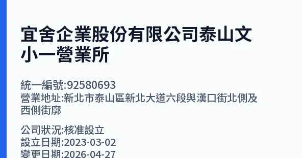 宜舍企業股份有限公司泰山文小一營業所的照片-統編 92580693(新北市) 公司登記資料與營業項目詳細圖表