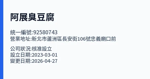 阿展臭豆腐的照片-統編 92580743(新北市) 公司登記資料與營業項目詳細圖表