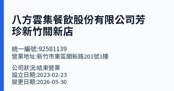 八方雲集餐飲股份有限公司芳珍新竹關新店的照片-統編 92581139(新竹市) 公司登記資料與營業項目詳細圖表