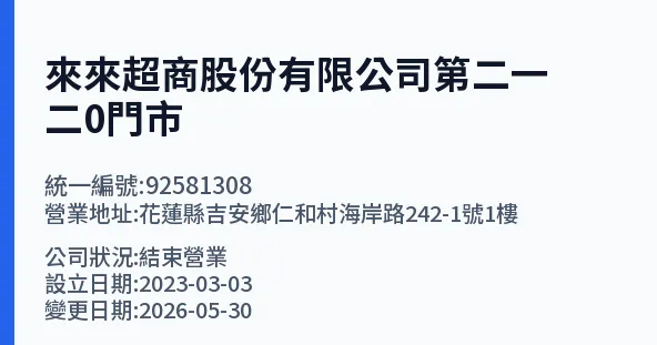 來來超商股份有限公司第二一二0門市的照片-統編 92581308(花蓮縣) 公司登記資料與營業項目詳細圖表