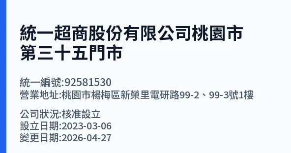 統一超商股份有限公司桃園市第三十五門市的照片-統編 92581530(桃園市) 公司登記資料與營業項目詳細圖表