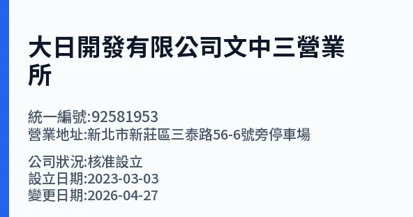 大日開發有限公司文中三營業所的照片-統編 92581953(新北市) 公司登記資料與營業項目詳細圖表