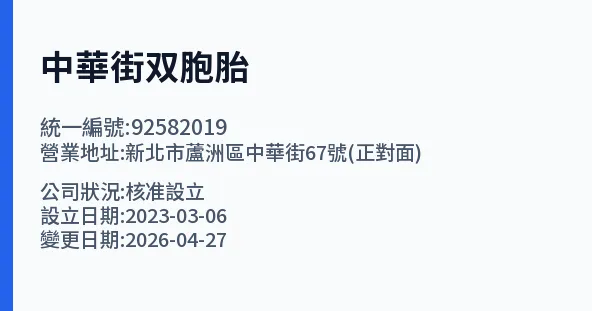 中華街双胞胎的照片-統編 92582019(新北市) 公司登記資料與營業項目詳細圖表