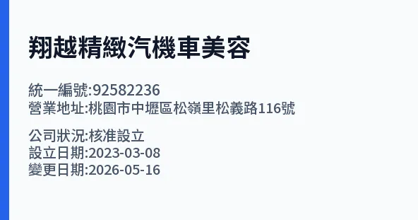 翔越精緻汽機車美容的照片-統編 92582236(桃園市) 公司登記資料與營業項目詳細圖表