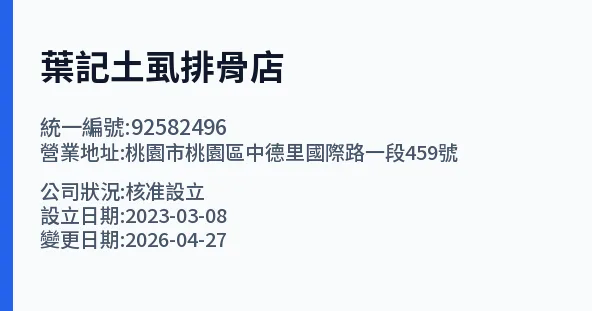 葉記土虱排骨店的照片-統編 92582496(桃園市) 公司登記資料與營業項目詳細圖表