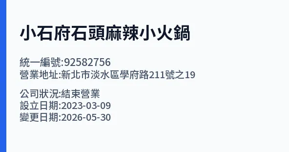 小石府石頭麻辣小火鍋的照片-統編 92582756(新北市) 公司登記資料與營業項目詳細圖表