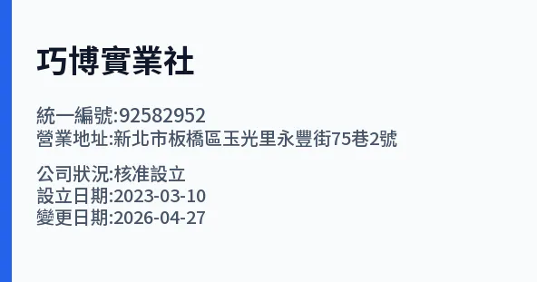巧博實業社的照片-統編 92582952(新北市) 公司登記資料與營業項目詳細圖表