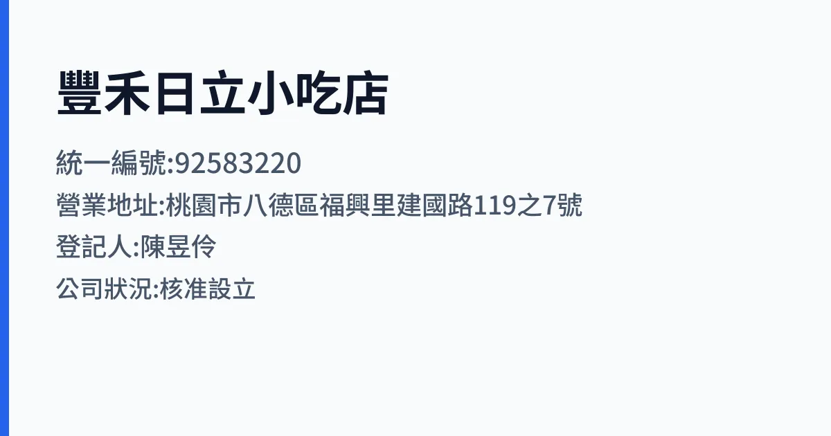 豐禾日立小吃店 - 統編 92583220(桃園市) 公司登記資料與營業項目詳細圖表