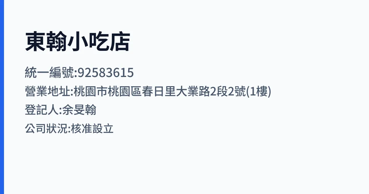 東翰小吃店 - 統編 92583615(桃園市) 公司登記資料與營業項目詳細圖表