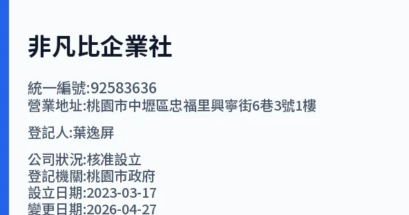 非凡比企業社的照片-統編 92583636(桃園市) 公司登記資料與營業項目詳細圖表