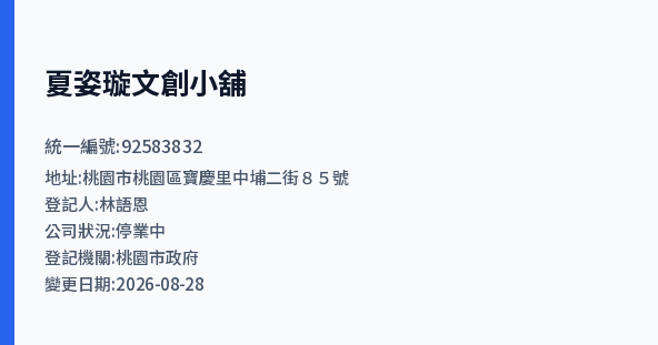 夏姿璇文創小舖的照片-統編 92583832(桃園市) 公司登記資料與營業項目詳細圖表