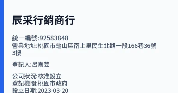 辰采行銷商行的照片-統編 92583848(桃園市) 公司登記資料與營業項目詳細圖表