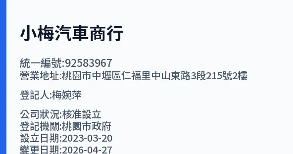 小梅汽車商行的照片-統編 92583967(桃園市) 公司登記資料與營業項目詳細圖表
