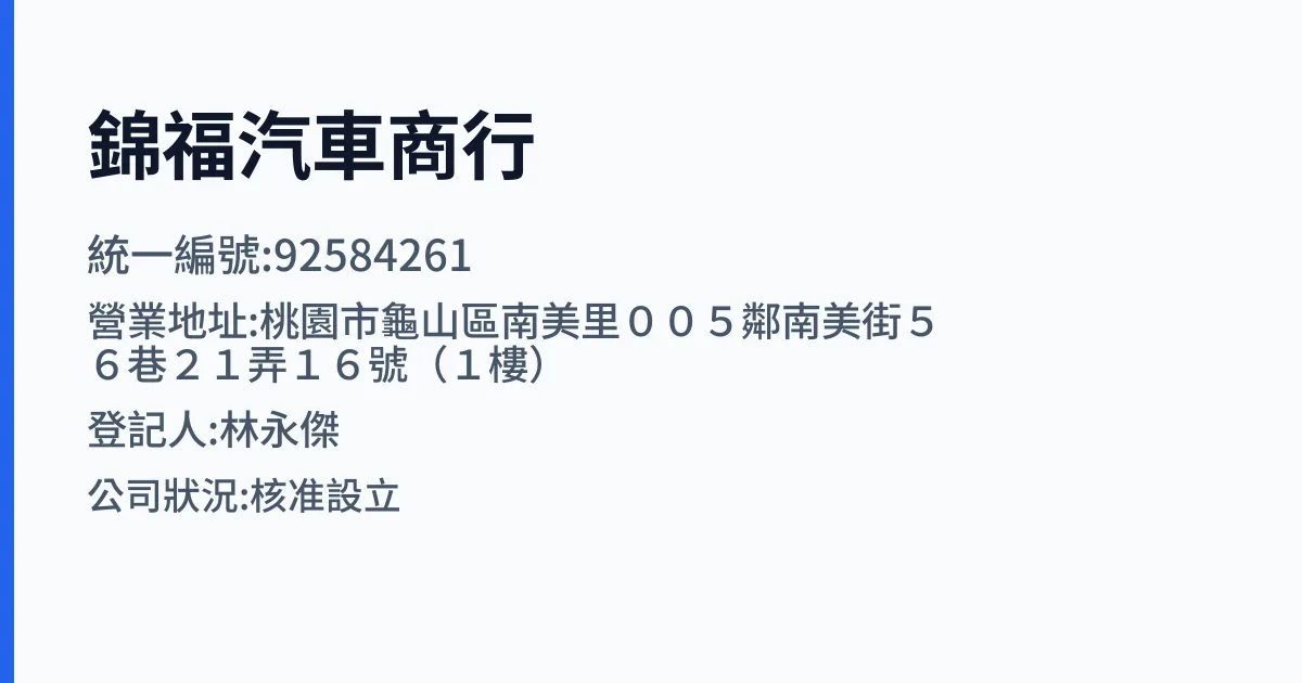 錦福汽車商行 - 統編 92584261（桃園市） 公司登記資料與營業項目詳細圖表
