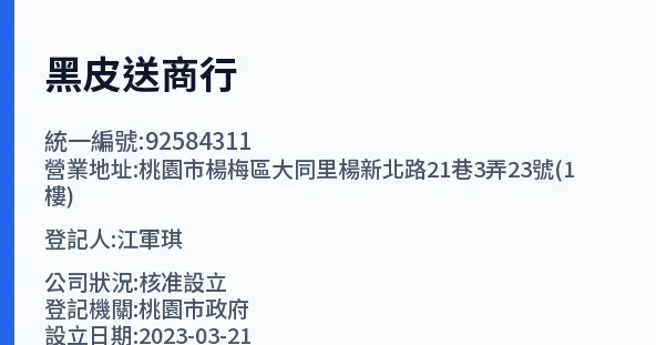 黑皮送商行的照片-統編 92584311(桃園市) 公司登記資料與營業項目詳細圖表