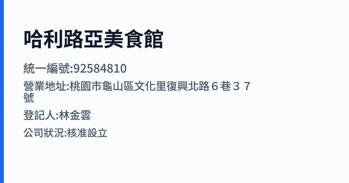 哈利路亞美食館 - 統編 92584810(桃園市) 公司登記資料與營業項目詳細圖表